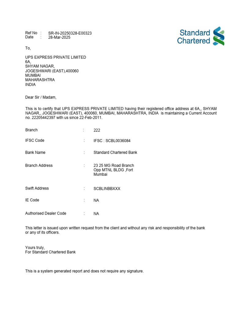 UPS Private Limited Bank Certificate | PDF