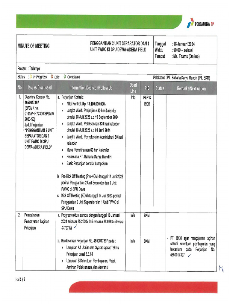 MoM Penggantian 2 Unit Separator Dan 1 Unit FWKO | PDF