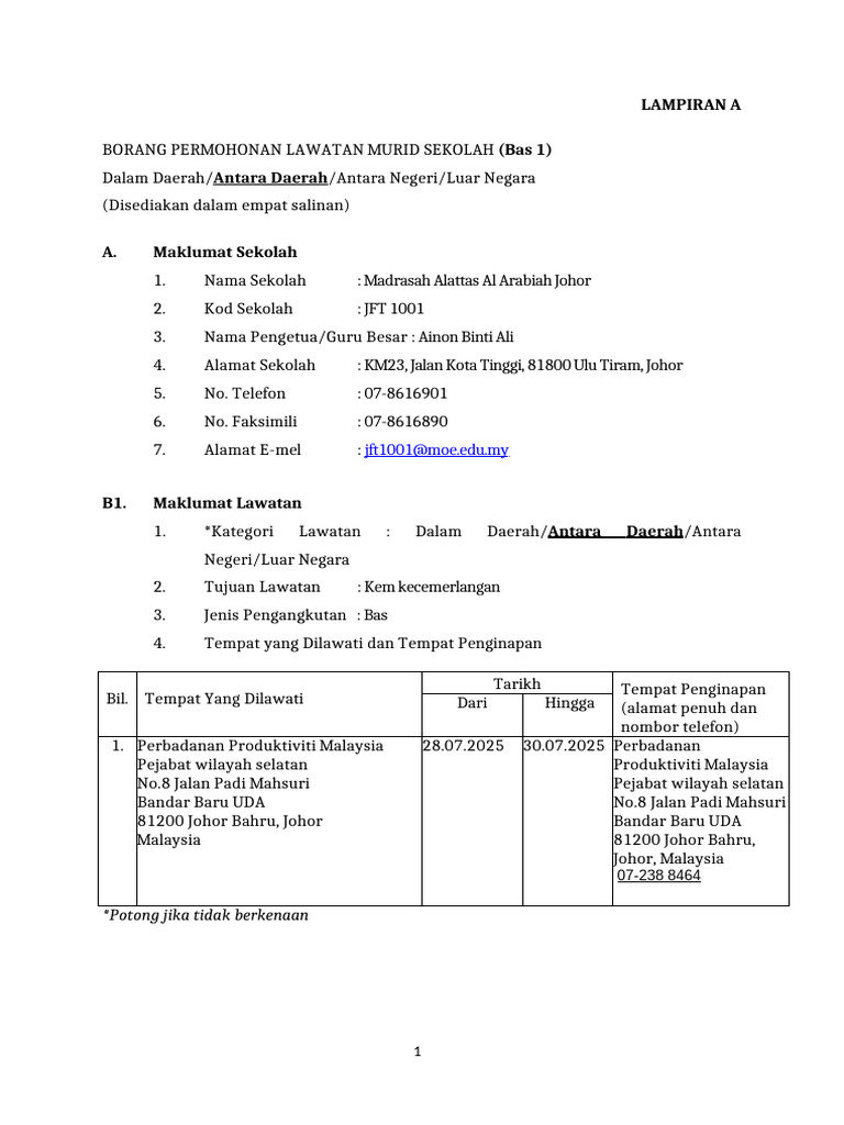 Borang Permohonan Lawatan Murid Sekolah (Lampiran A) Bas 1 | PDF