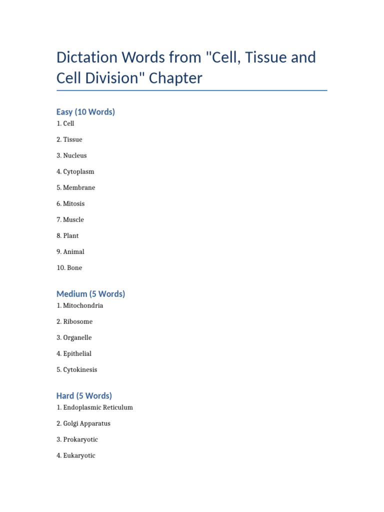 Dictation Words Cell Tissue Cell Division | PDF
