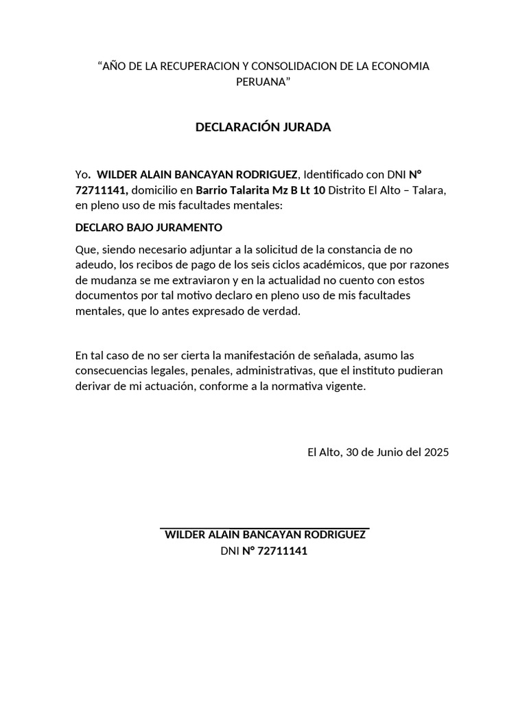 Declaracion Jurada de Documentos Perdidos WABR | PDF