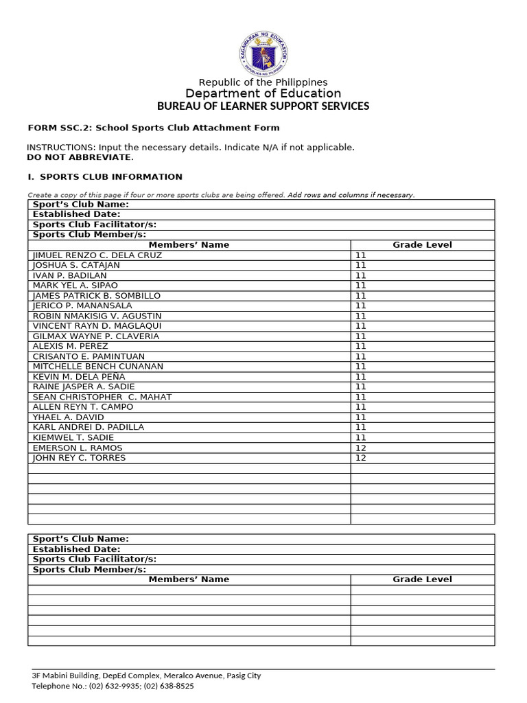 Sports Club Attachment Form SSC.2 | PDF | Sports