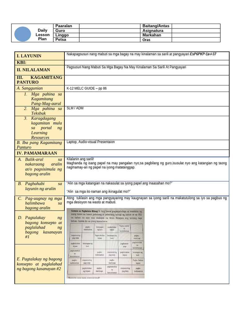 I. Layunin Kbi: Ii. Nilalaman Iii. Kagamitang Panturo | PDF