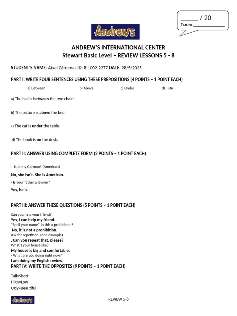 English Review Lessons 5-8 Exercises | PDF