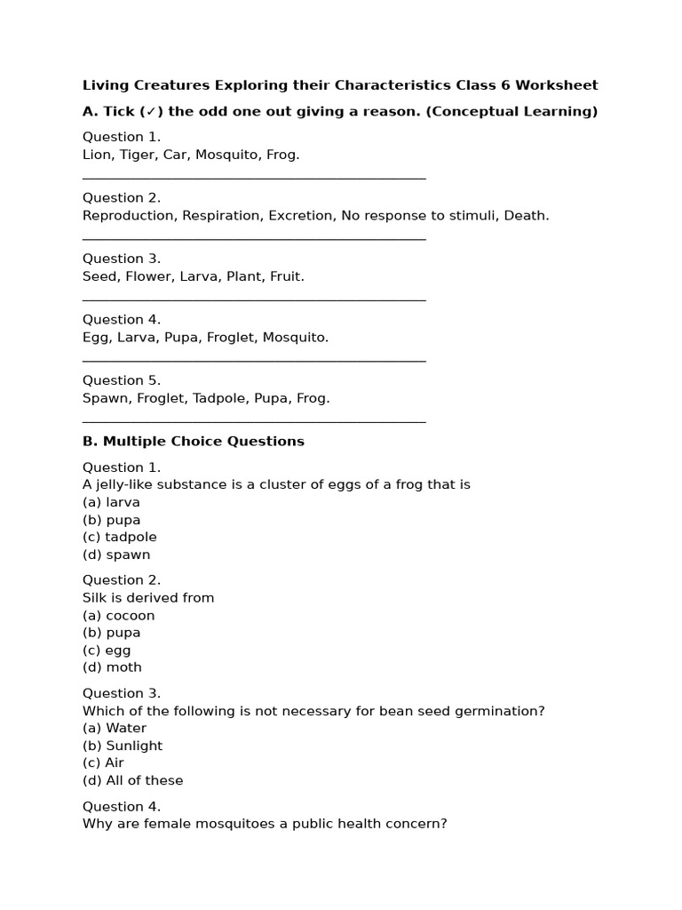 Class 6 Worksheet on Living Creatures | PDF | Frog | Pupa