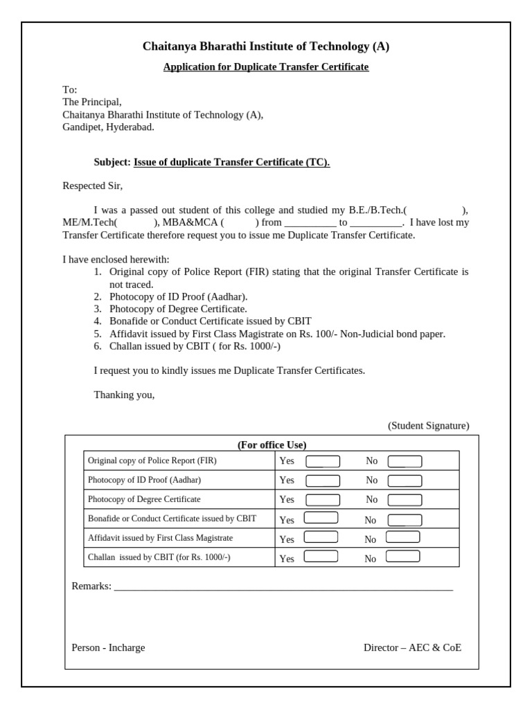 Application For Duplicate Transfer Certificate | PDF