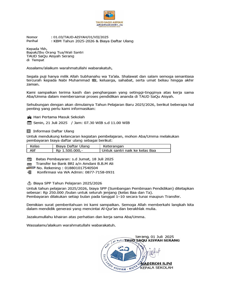 Surat Edaran Biaya Daftar Ulang Alif | PDF