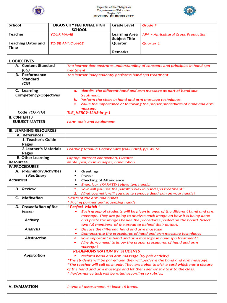Sample Lesson Plan-MATATAG | PDF | Behavior Modification | Cognition