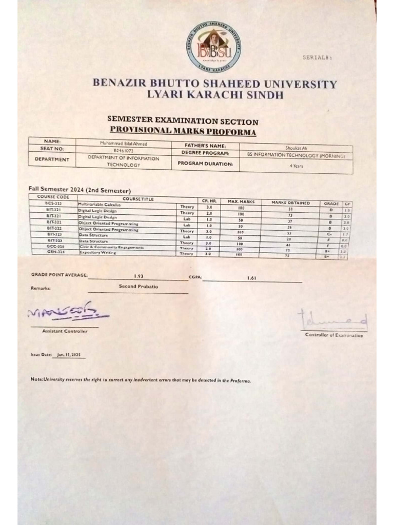 Second Semester Mark Sheet | PDF