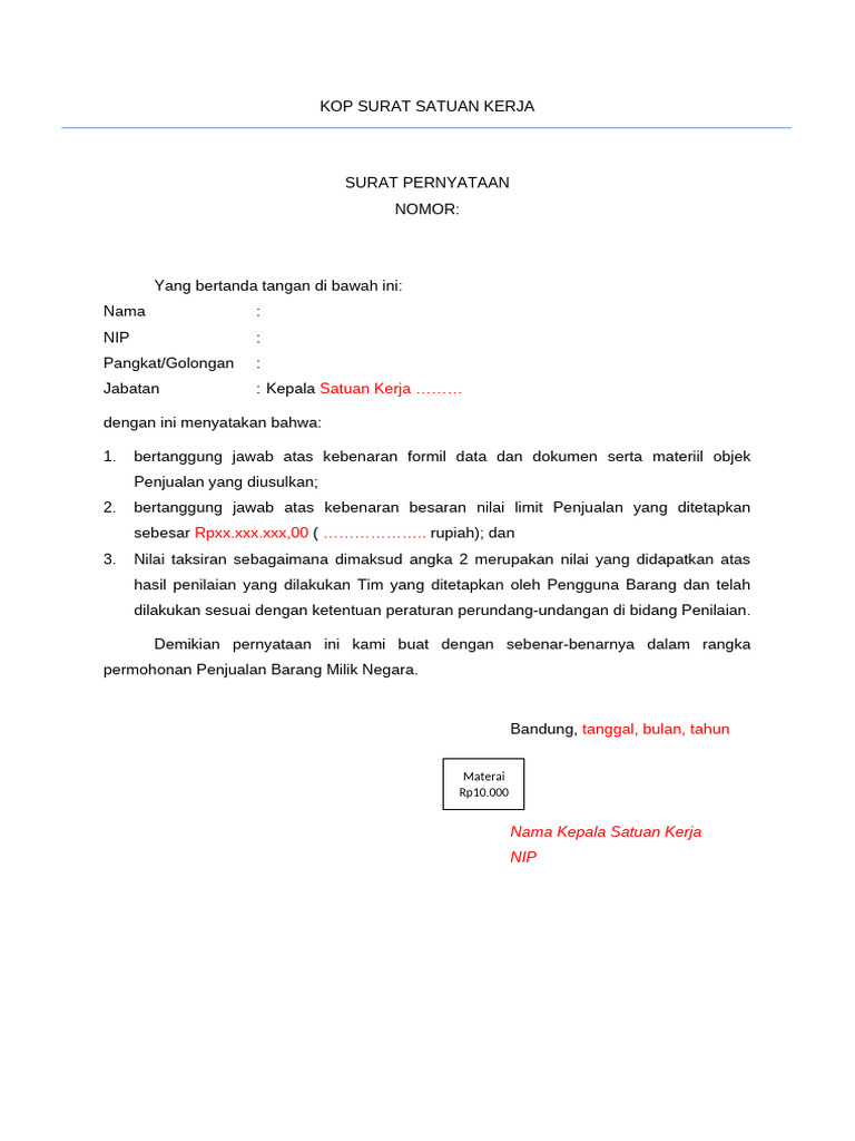 Surat Pernyataan Penjualan Barang Negara | PDF