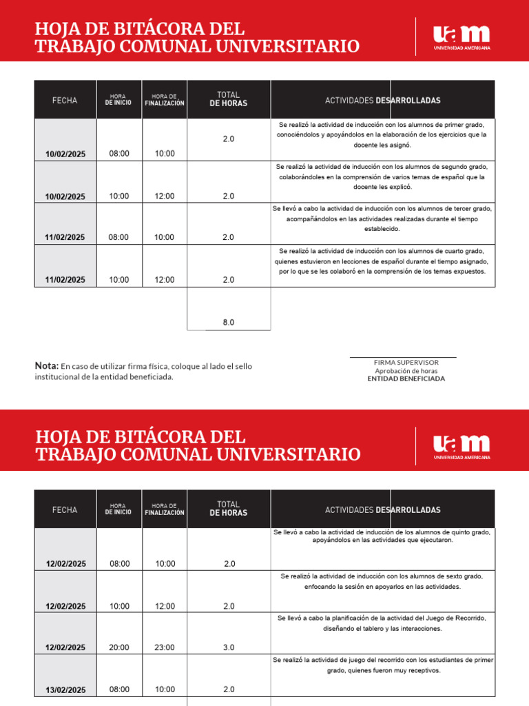 Bitácora de Trabajo Comunal Universitario | PDF