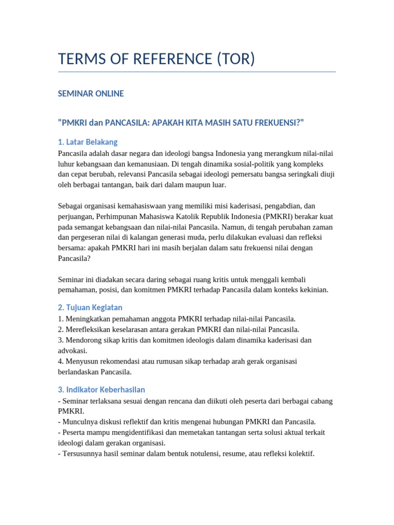 TOR Seminar Online PMKRI Dan Pancasila TNR | PDF