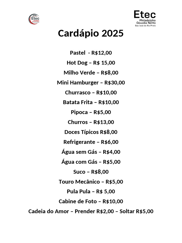 Cardápio 2025: Preços e Opções Diversas | PDF