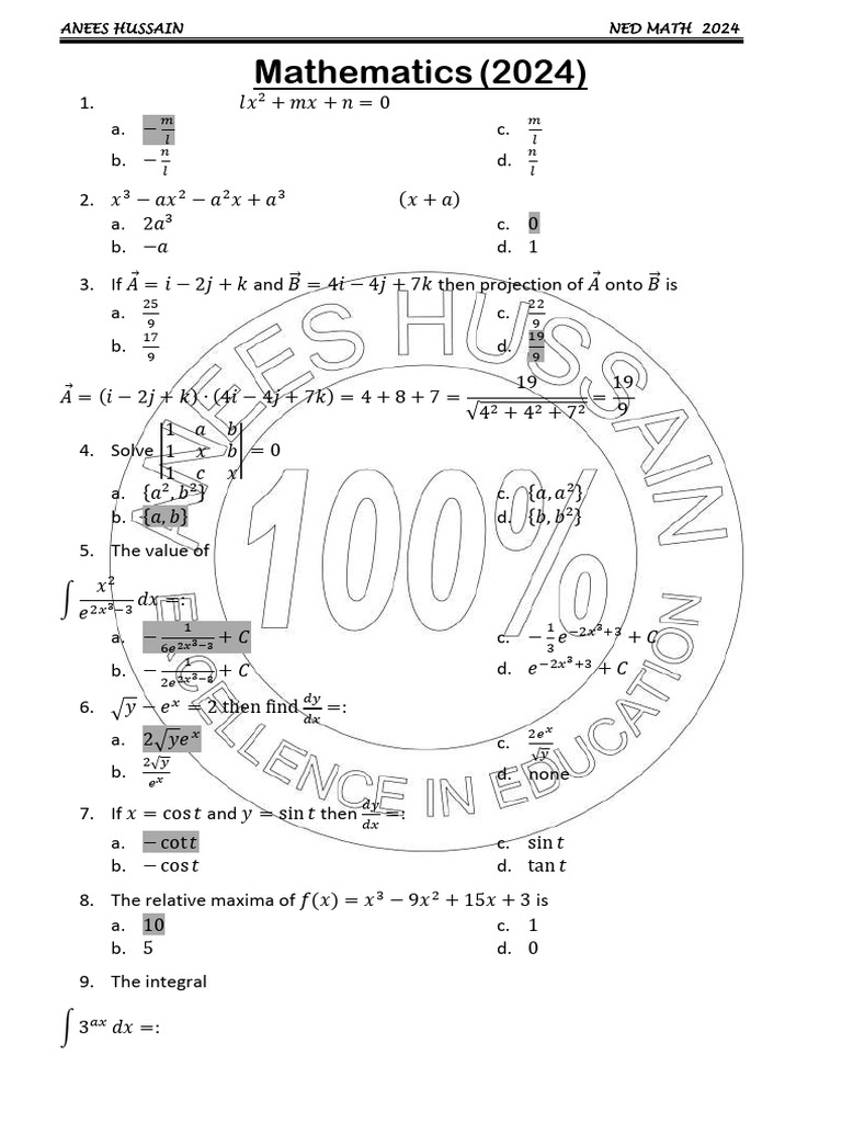 NED Math 2024 Exam Questions | PDF | Trigonometric Functions | Matrix ...