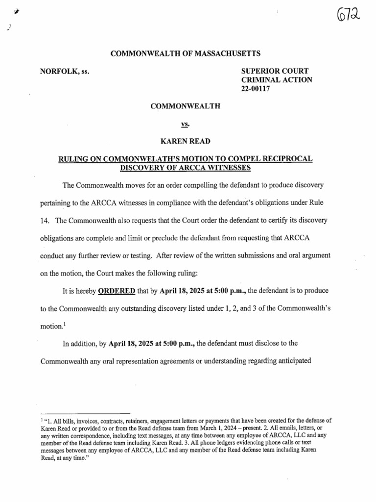 672 Ruling On Commonwel Ath's Motion To Compel Reciprocai Discovery of ...