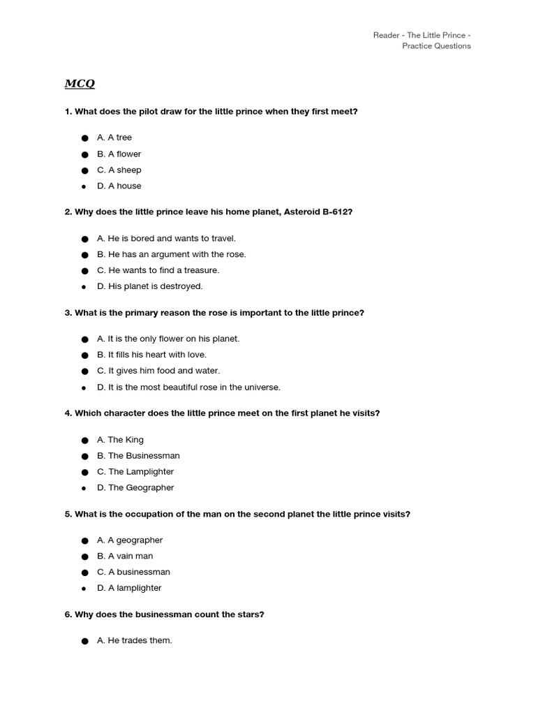The Little Prince: Practice Questions | PDF | The Little Prince