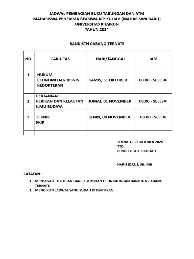 Jadwal Pembagian Buku Tabungan Dan Atm-Ok | PDF