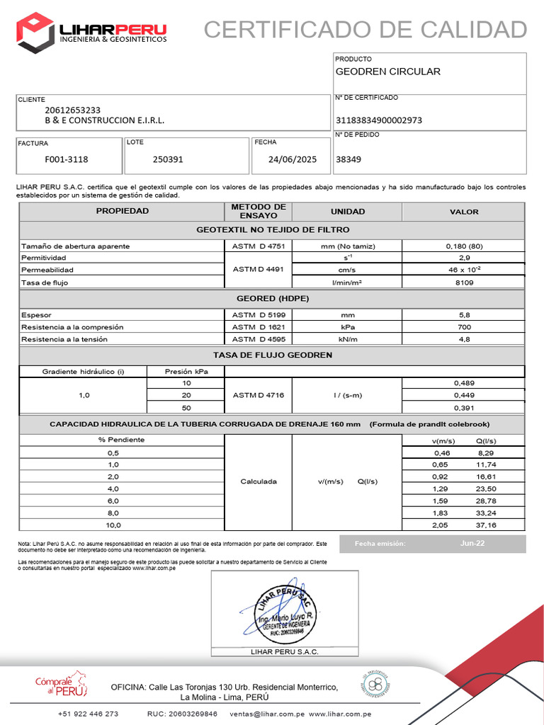 Certificado de Calidad 2973 | PDF