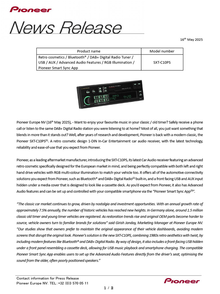 Pioneer SXT-C10PS Retro Car Receiver | PDF | Smartphone | Bluetooth