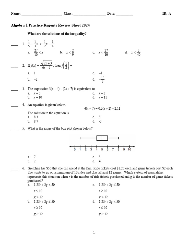 Algebra 1 Regents Review 2024 | PDF | Function (Mathematics) | Numbers