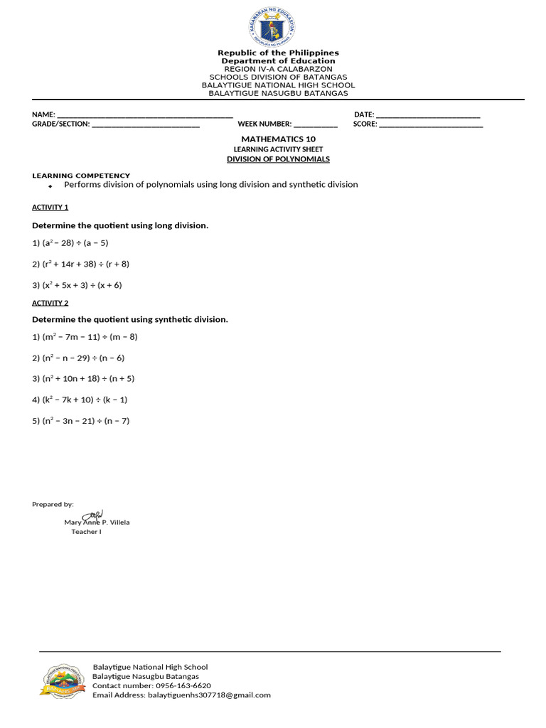 WK 6 - Division of Polynomials | PDF