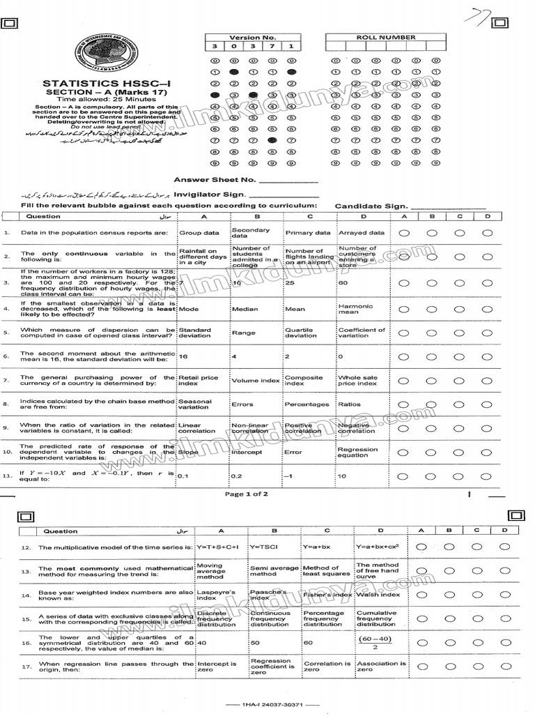 Past Paper 2024 11th Class Federal Board Statistics Objective | PDF