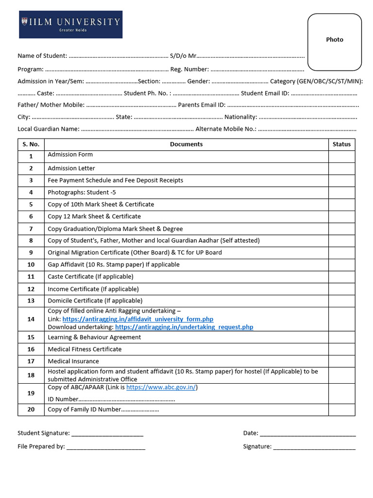 Student Registration & Checklist | PDF