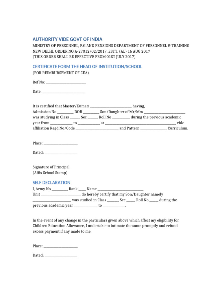 CEA Reimbursement Certificate Form | PDF