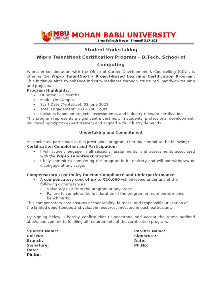 Wipro TalentNext Certification Commitment | PDF