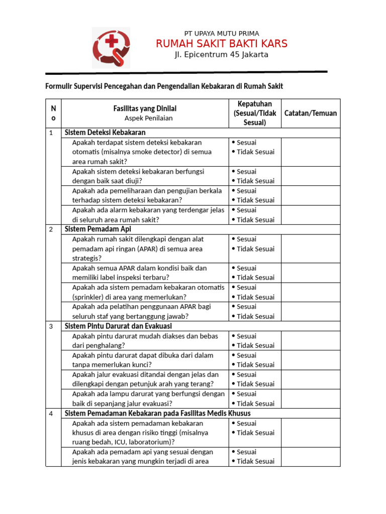 Formulir Supervisi Pencegahan Dan Pengendalian Kebakaran Di Rumah Sakitedit 781 | PDF