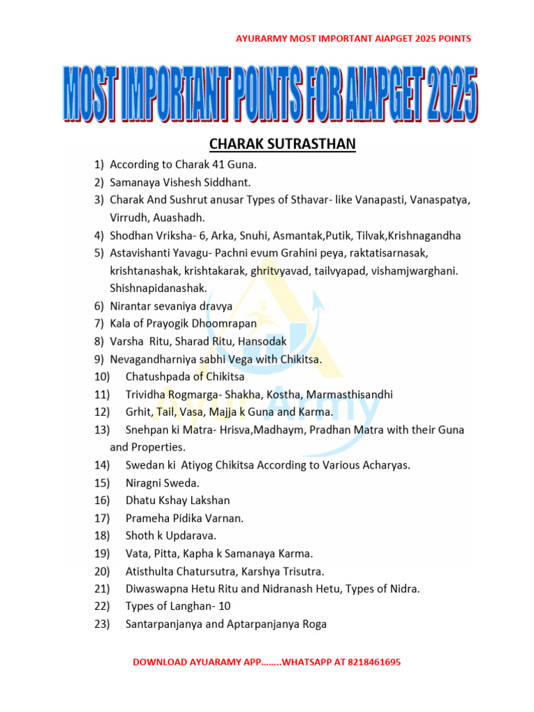 Key Points for AIAPGET 2025 Ayurveda | PDF | Religious Philosophical ...