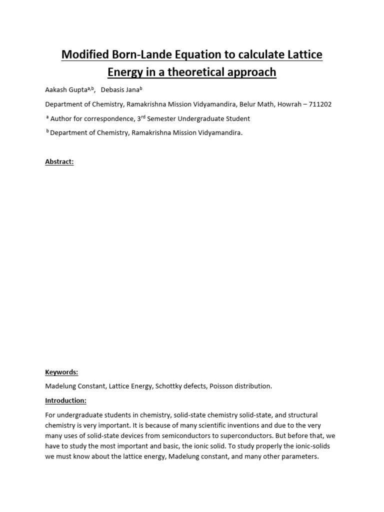 Modified Born-Lande Equation for Lattice Energy | PDF | Salt (Chemistry ...