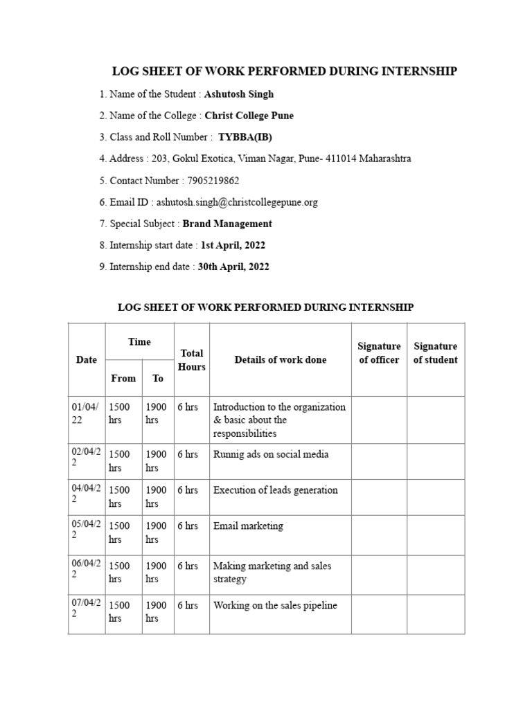 Internship Log Sheet for Brand Management | PDF