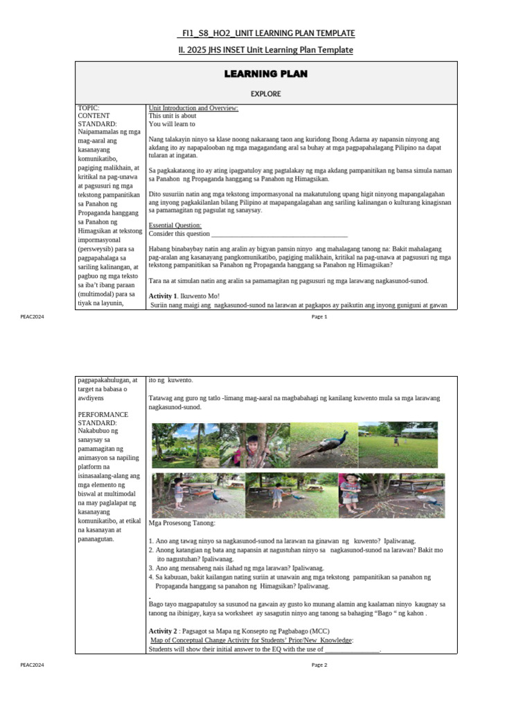 s8 Ho4 Quarter 1 Unit Learning Plan | PDF