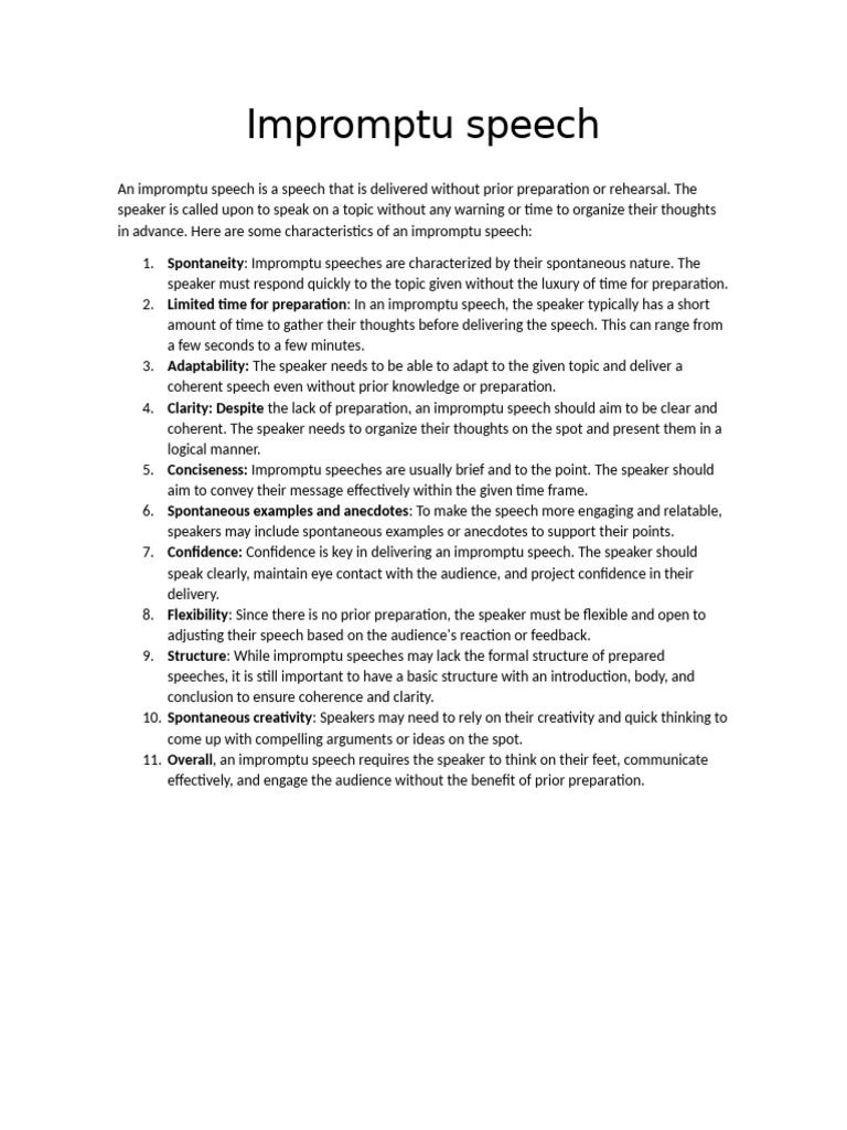 Impromptu Speech Characteristics and Practice. | PDF | Human ...