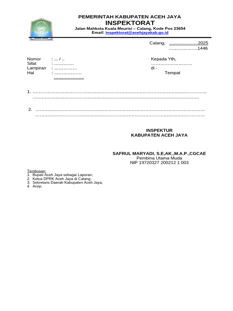 Surat Resmi Inspektorat Aceh Jaya | PDF