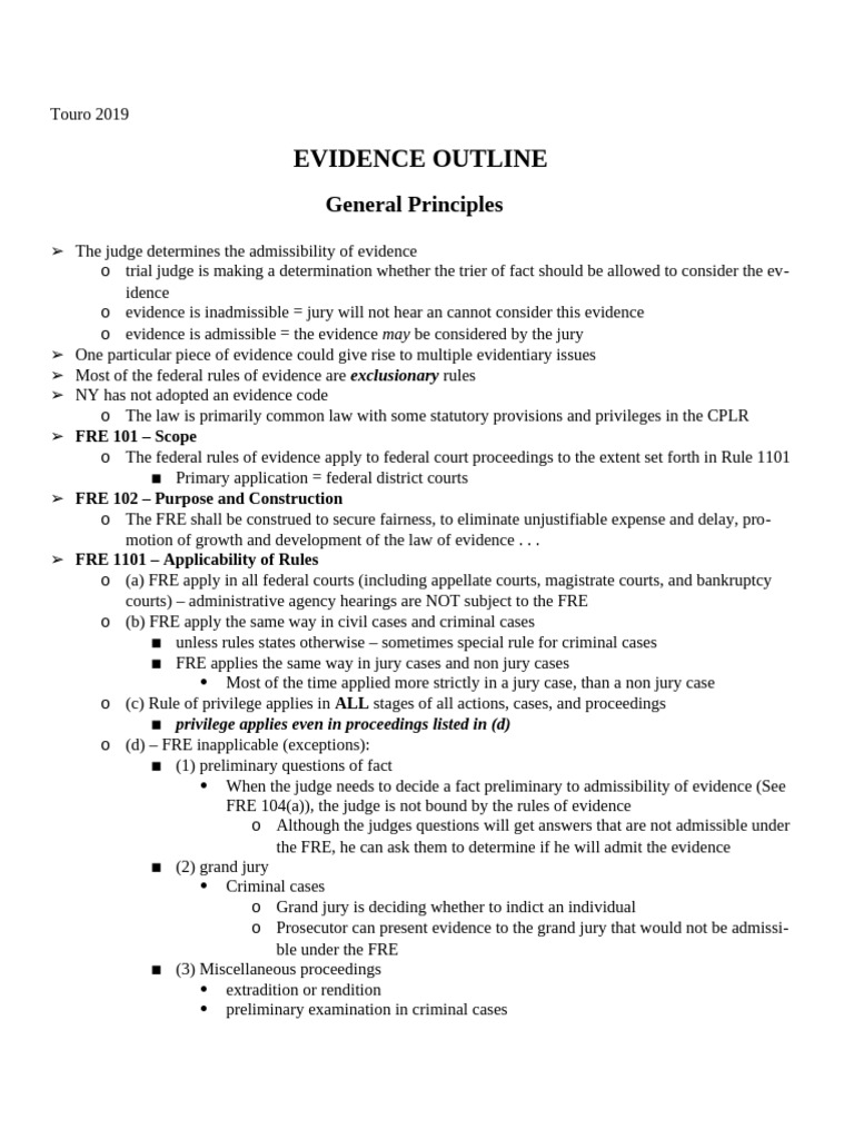 Evidence Outline 2019 | PDF | Relevance (Law) | Evidence (Law)
