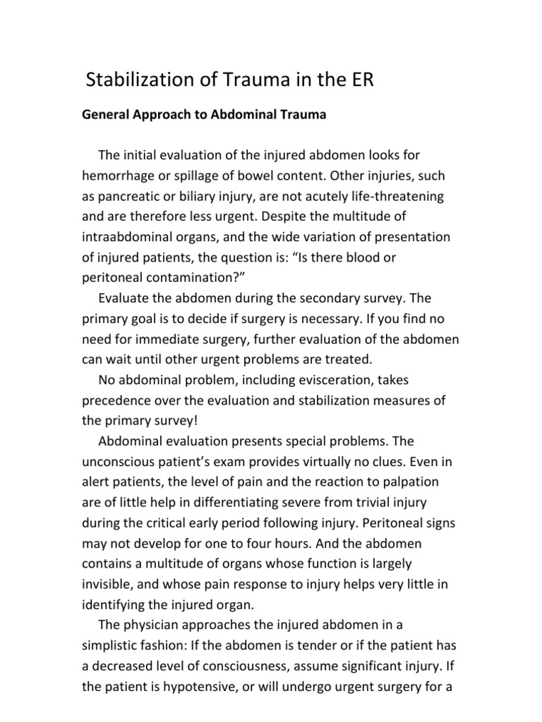 Stabilization of Trauma in The ER | PDF | Major Trauma | Medical ...