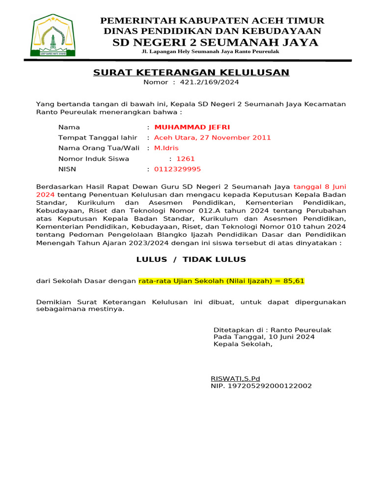 Surat Keterangan Kelulusan SD 2024 | PDF