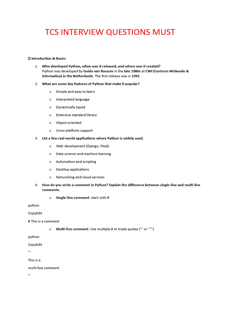 TCS Interview Questions Must | PDF | Control Flow | Python (Programming ...