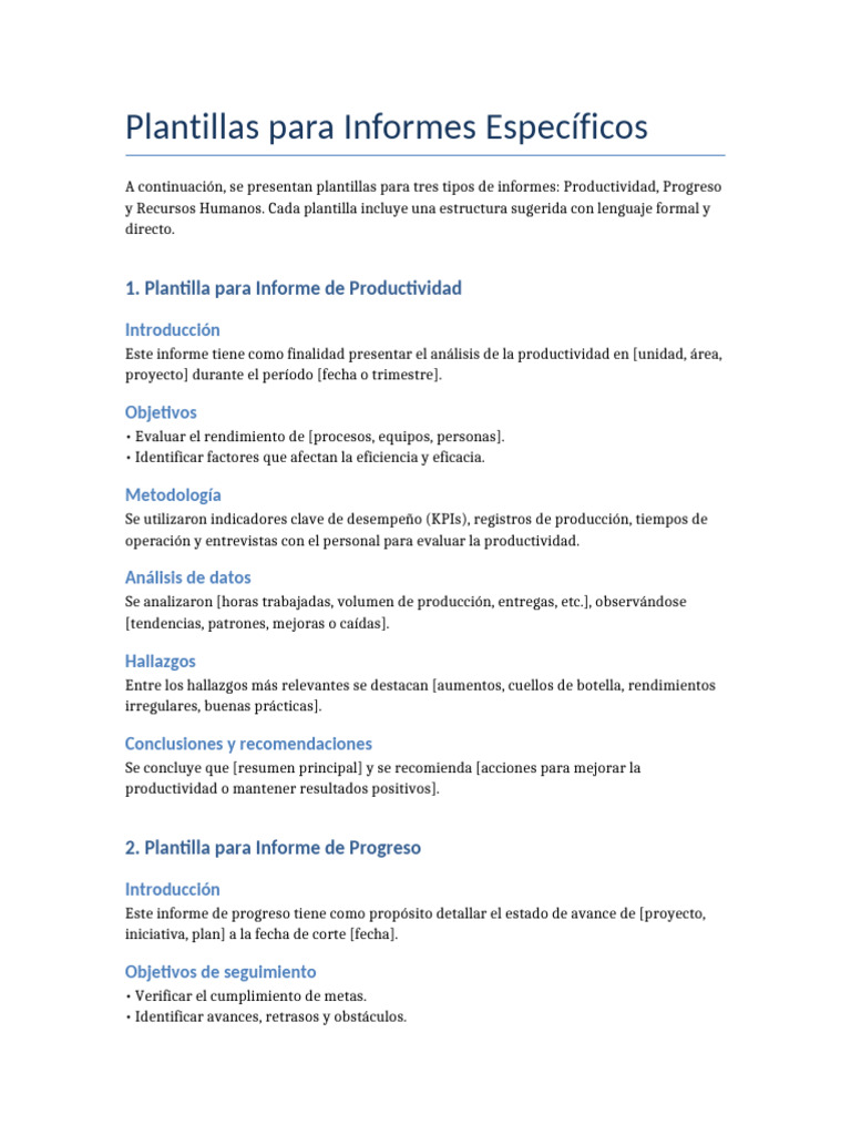 Plantillas Informes Productividad Progreso RRHH | PDF | Indicador de rendimiento | Gestión de ...