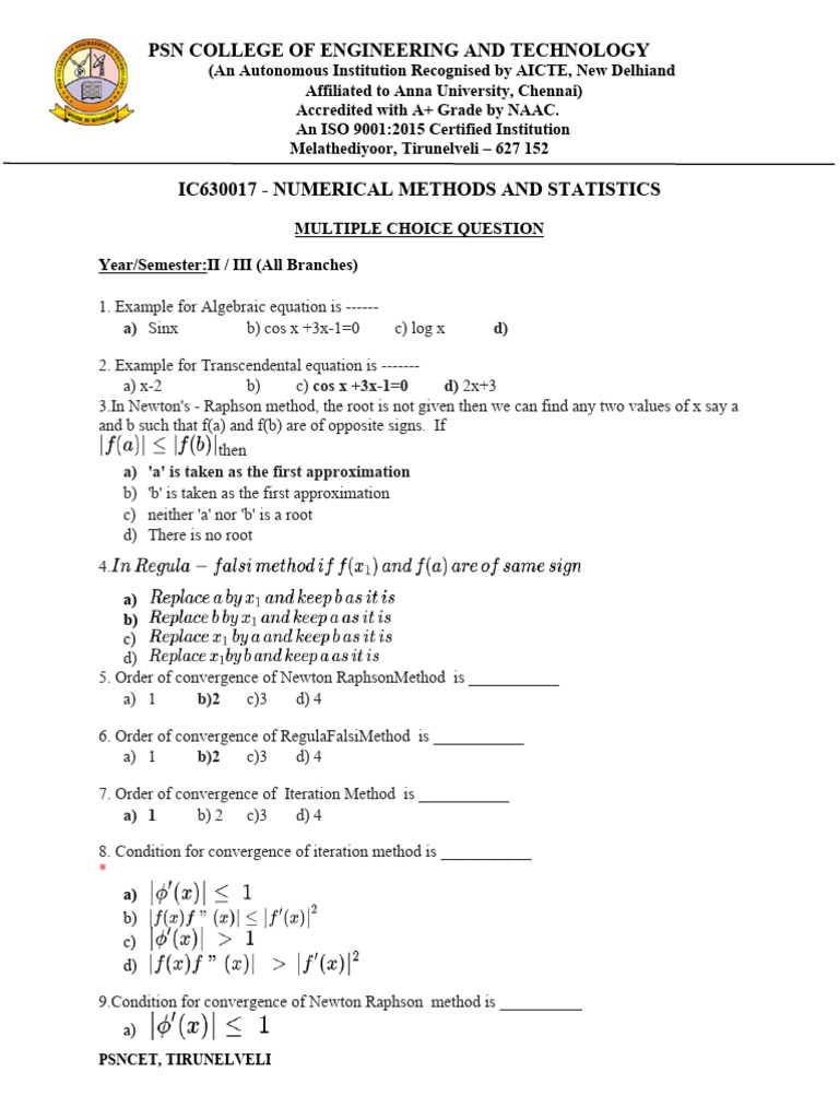 Numerical Methods MCQ for PSNCET | PDF | Estimator | Bias Of An Estimator