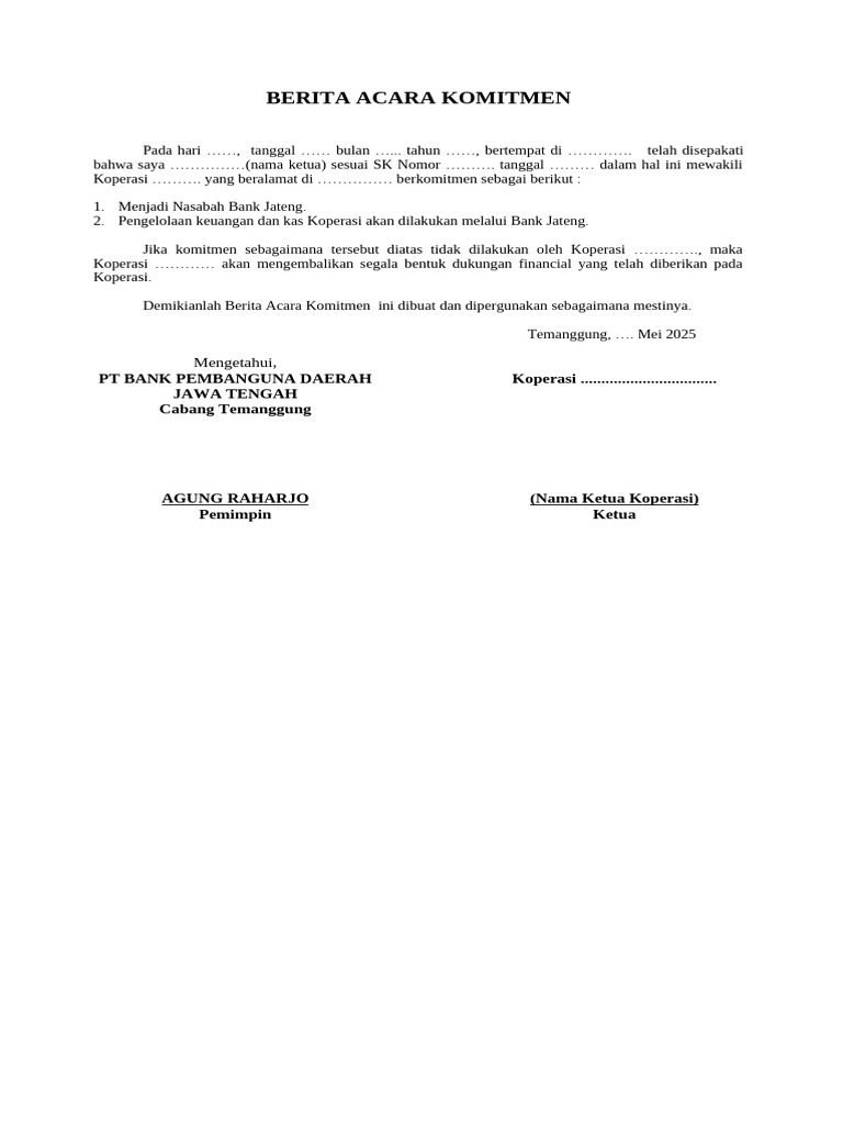 Berita Acara Komitmen Koperasi Desa Merah Putih - Revisi 1 | PDF