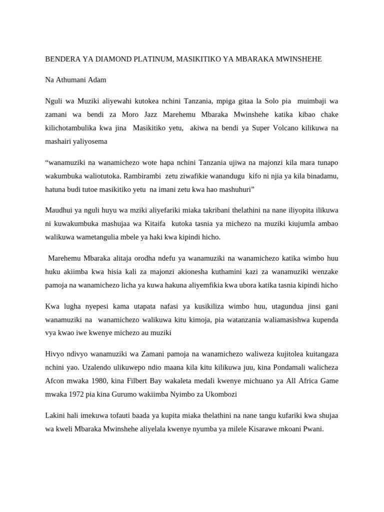 Bendera Ya Diamond Platinum Masikitiko Ya Mbaraka Mwinshehe | PDF