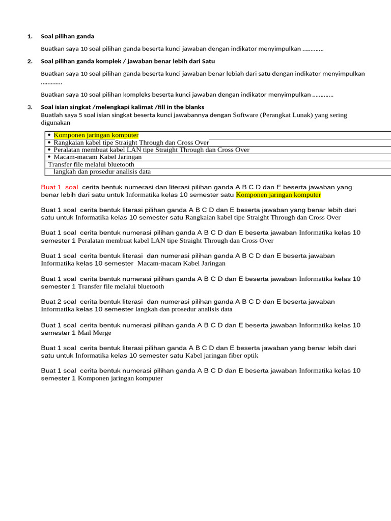 Contoh Perintah Chat GPT Membuat Soal | PDF