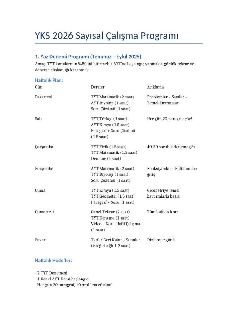 YKS2026 Sayisal Program | PDF