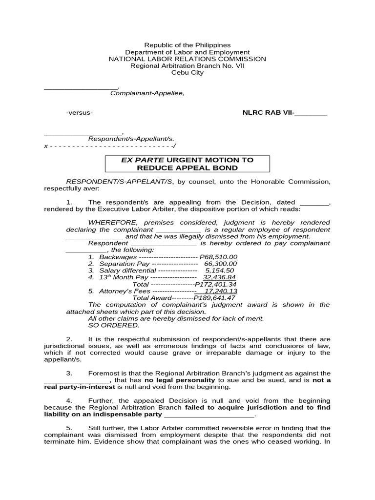 Motion Reduction Appeal Bond Template | PDF | Appeal | Lawsuit