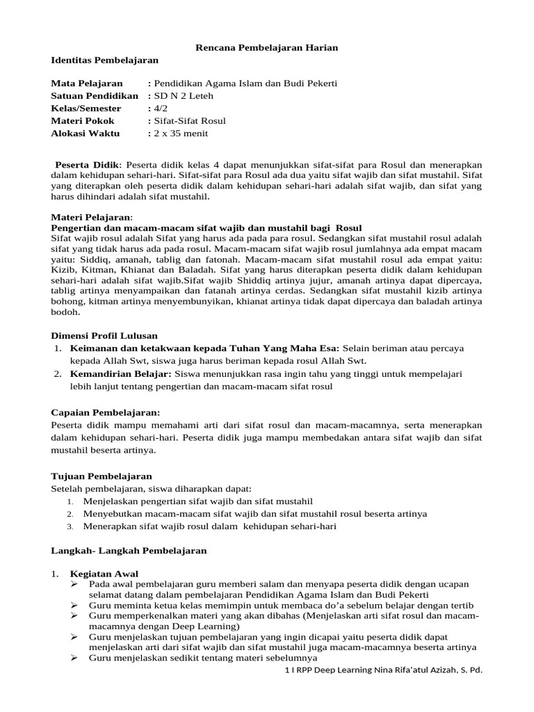 RPP Deep Learning PAI Kelas 4 Nina | PDF