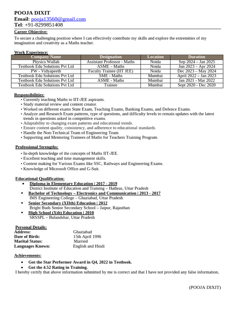 Pooja Dixit CV Maths Teacher (1) - 1-1 | PDF