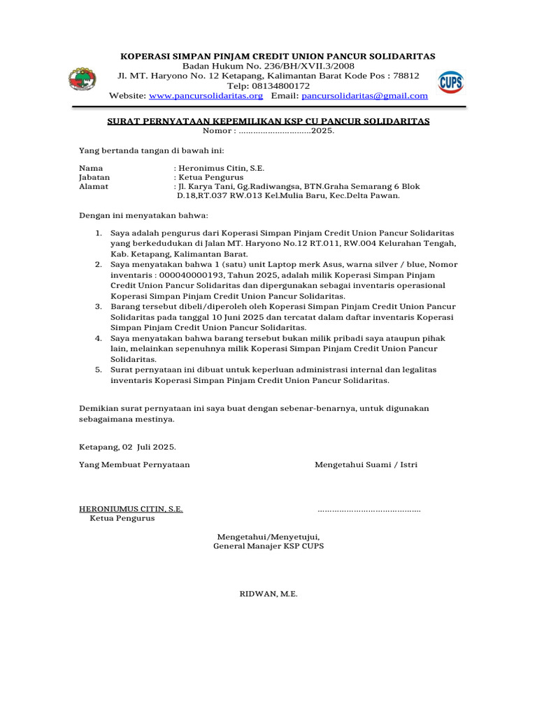 Surat Pernyataan Kepemilikan KSP CU | PDF